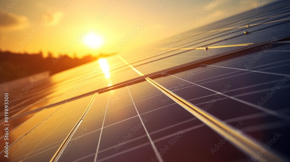 Solar panels in sunlight, clean energy solution, close up, focus on the ...