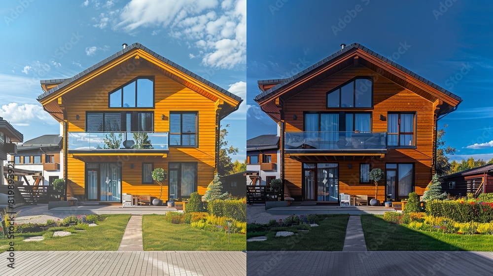 two photos of the same modern wooden house in one picture before and ...