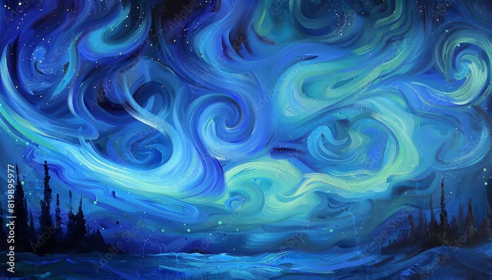 Vibrant painting of the Northern Lights, showcasing swirling colors in ...