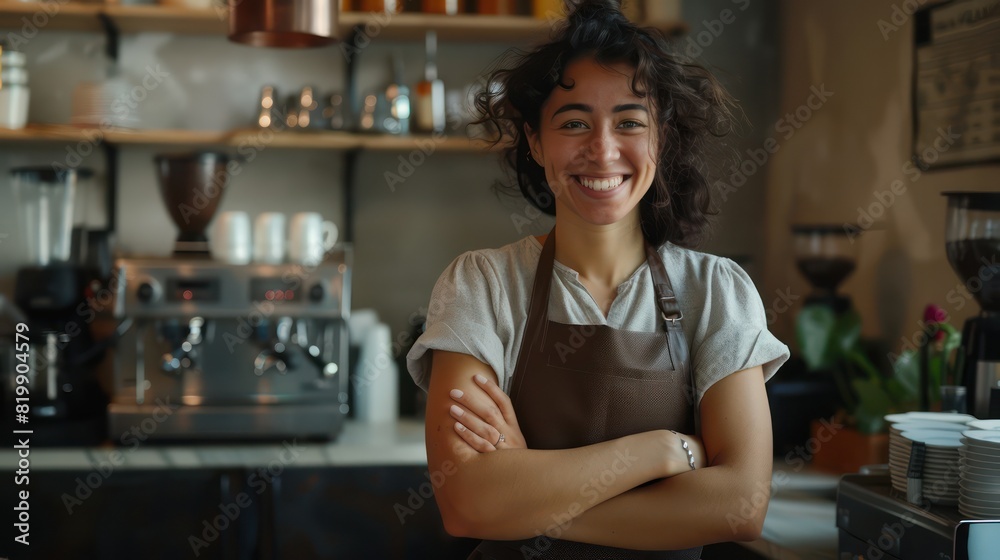 A cheerful barista poses confidently at the coffee station, her crossed ...