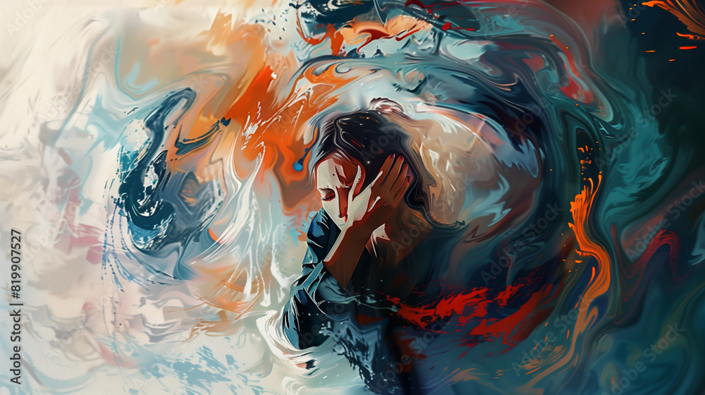 Abstract art, woman in emotional distress or feeling intense emotions ...