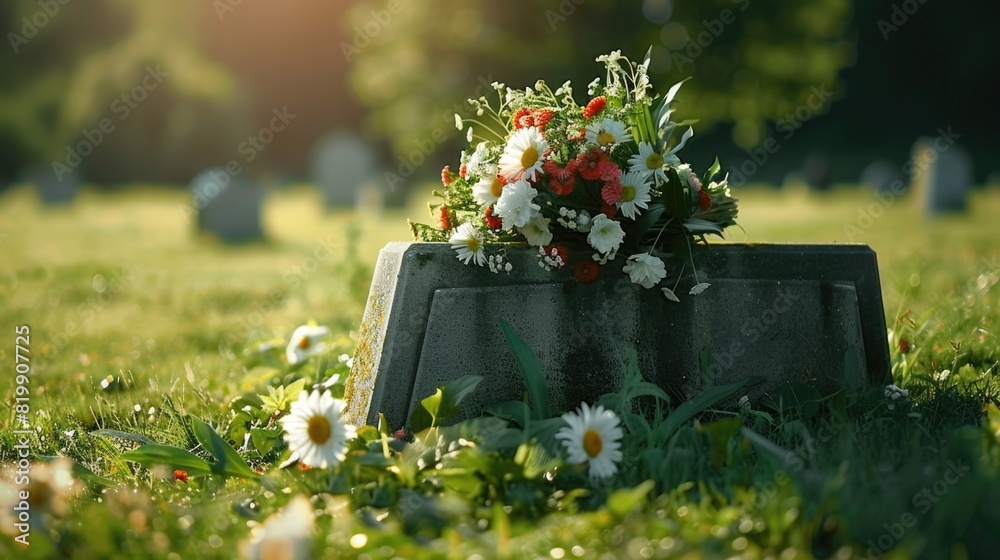 Cemetery, tombstone with flowers, sunset summer day, green grass ...