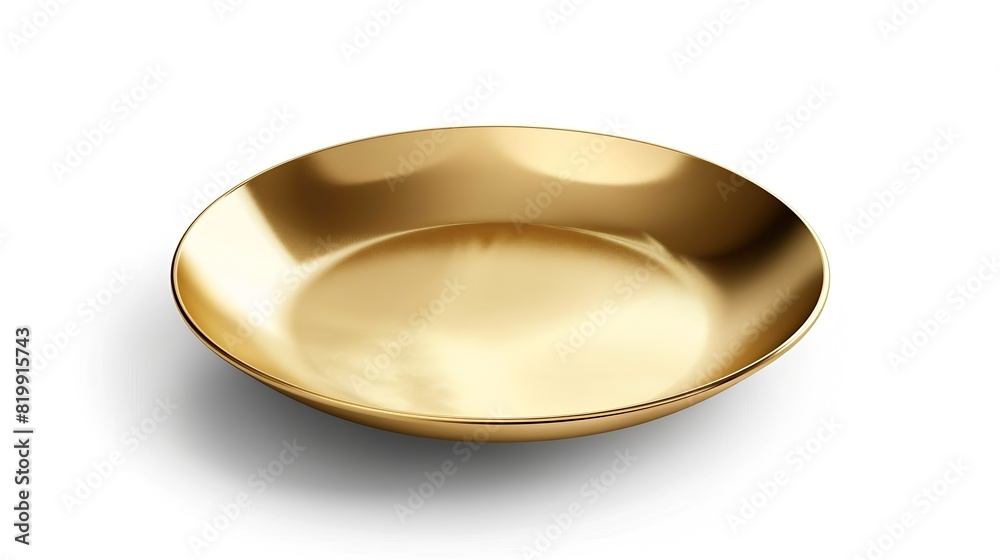 Front view of golden plate isolated on white background Empty gold ...