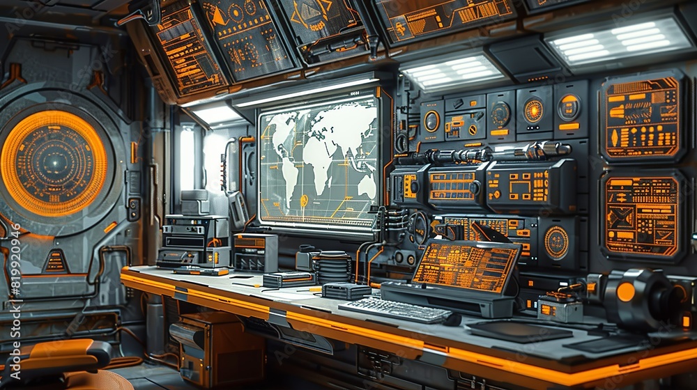 Sci-fi technology background image, Advanced control room with a ...