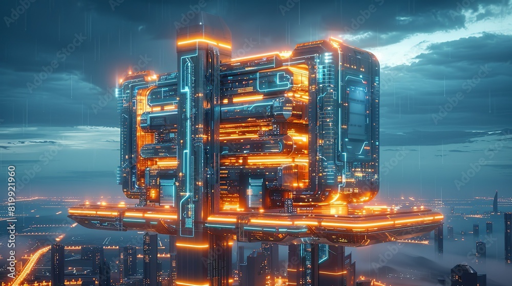 Sci-fi technology background image, High-tech building with exposed ...