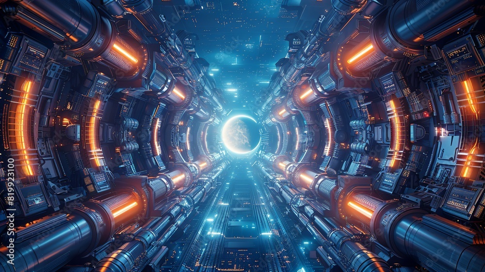 Sci-fi technology background image, Sci-fi hub with interconnected steel beams and pipes ...