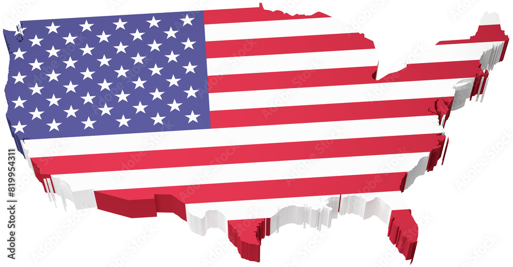 The map of the United States overlayed by the US flag isolated on ...