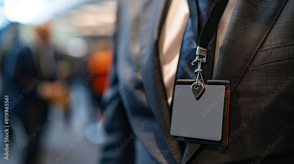 A close-up of a stylish name badge with a lanyard, prominently ...