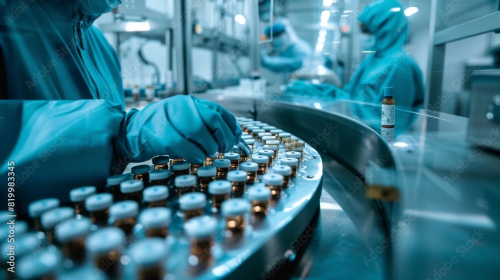 Pharmaceutical manufacturing process workers in sterile lab uniforms ...