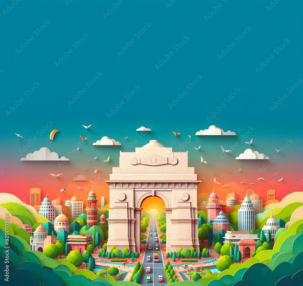 India Gate, Delhi India in papercraft-themed illustration diorama Stock ...