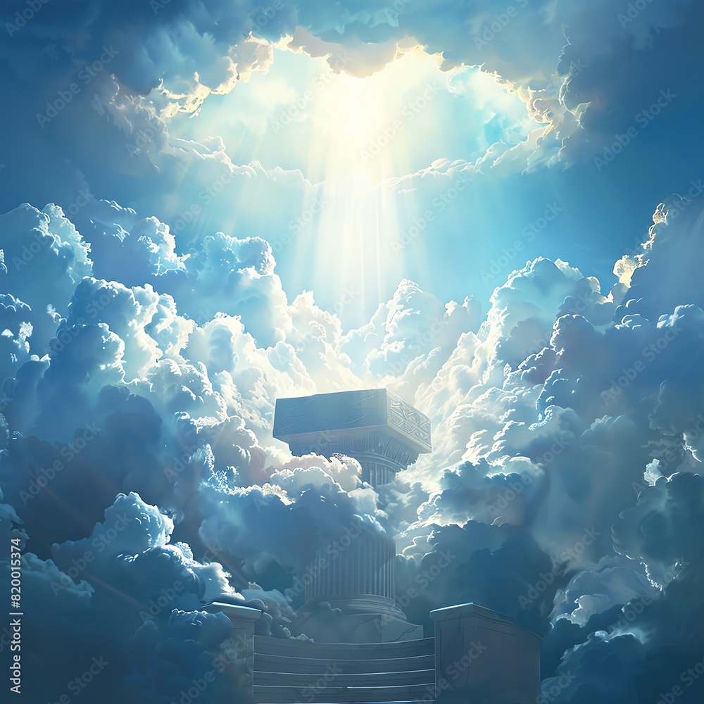 Heavenly scene with light rays breaking through clouds highlighting a ...