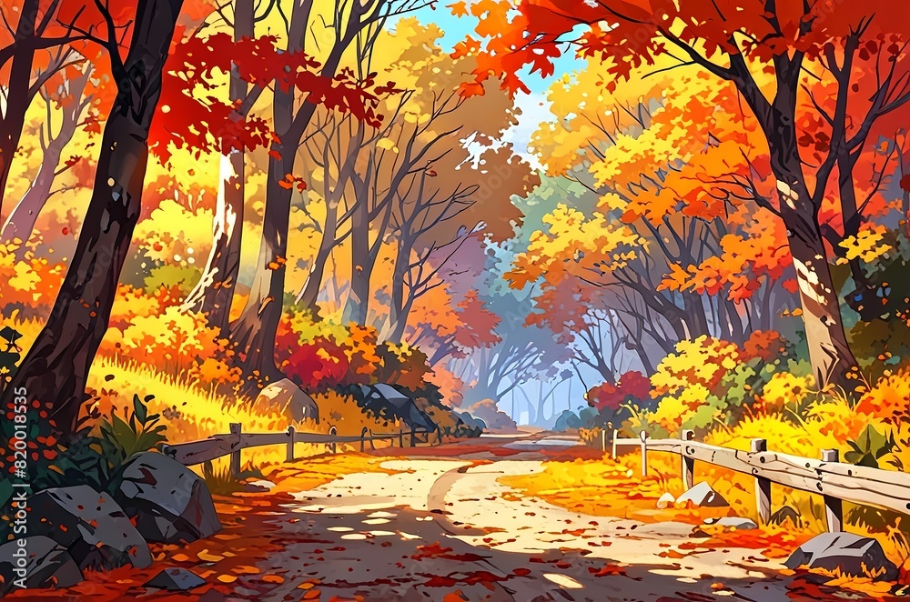 Autumn trees pathway, forest, fall season, Anime style illustration ...