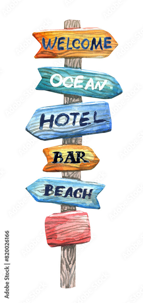 Hello summer watercolor elements. Beach clipart with wooden signpost ...