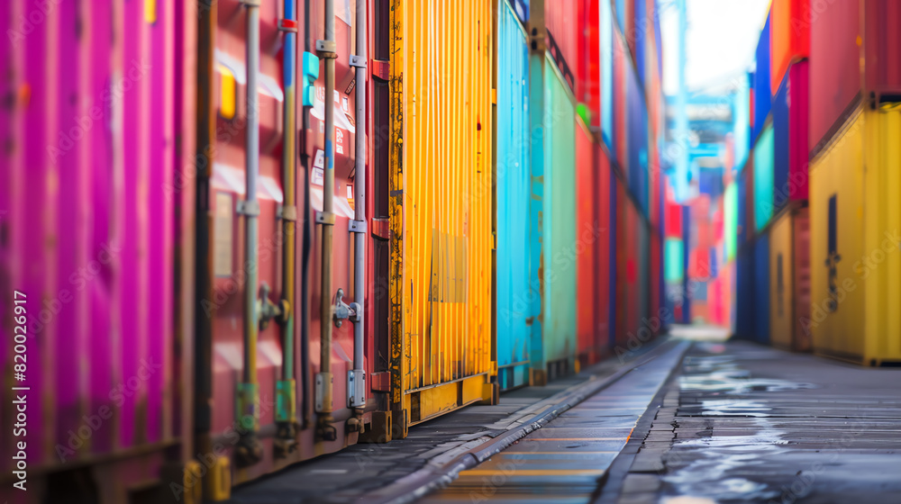 The photo shows a colorful array of shipping containers in a shipyard ...