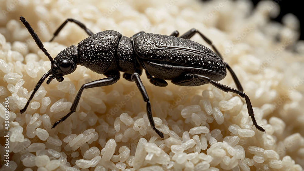 Visualize a highly detailed, cinematic of a Sitophilus oryzae amidst ...