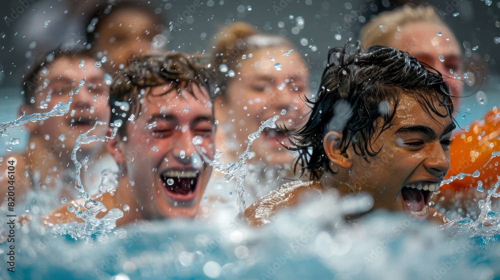 Image of a swim team celebrating a relay race victory, with water ...