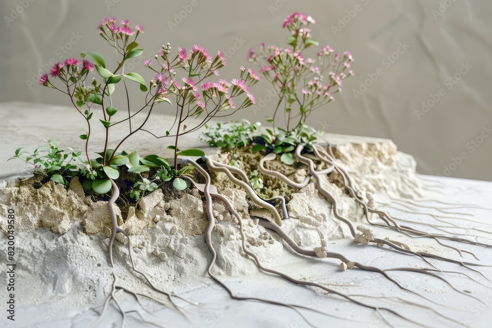 roots breaking through concrete to reach flowers, biology theme, side ...