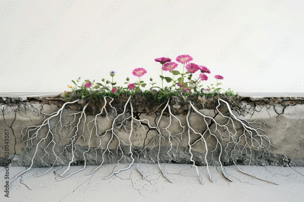 roots breaking through concrete to reach flowers, biology theme, side ...