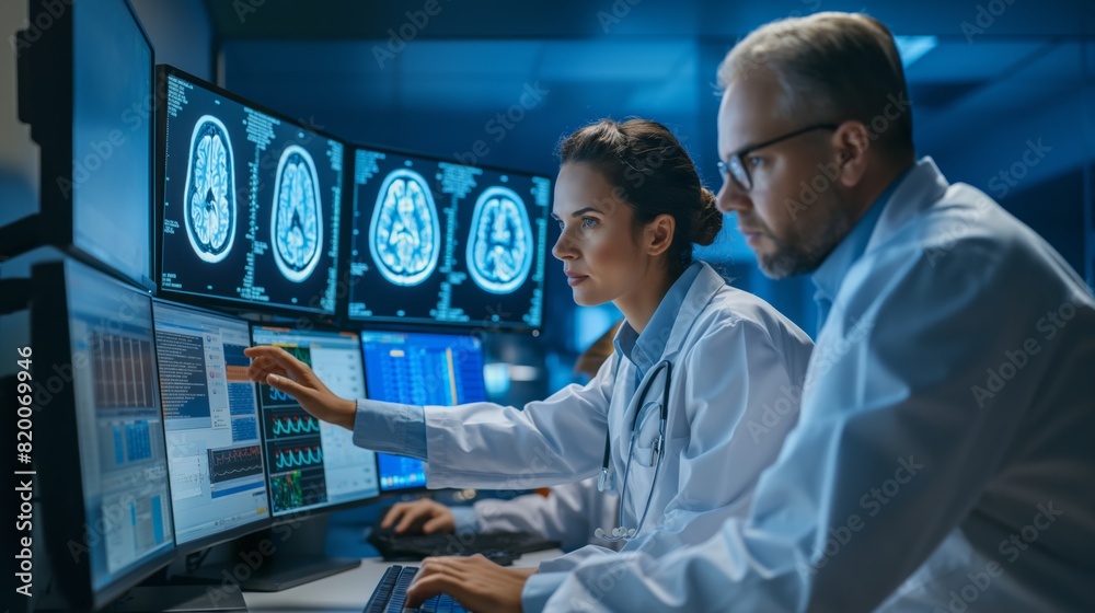 Medical professionals are analyzing brain scans in a hightech ...