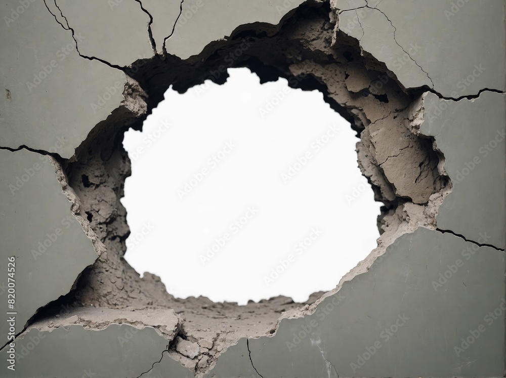 ripped hole in an old, cracked block of concrete. removing old wall ...