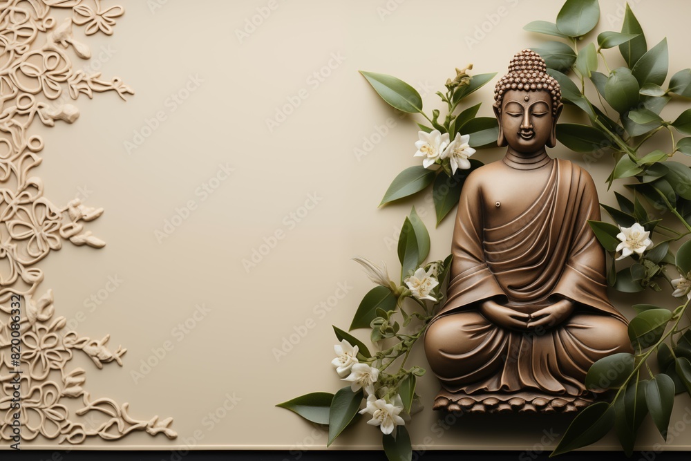 Buddha statue and leaves plant sit on soft brown background for beliefs ...