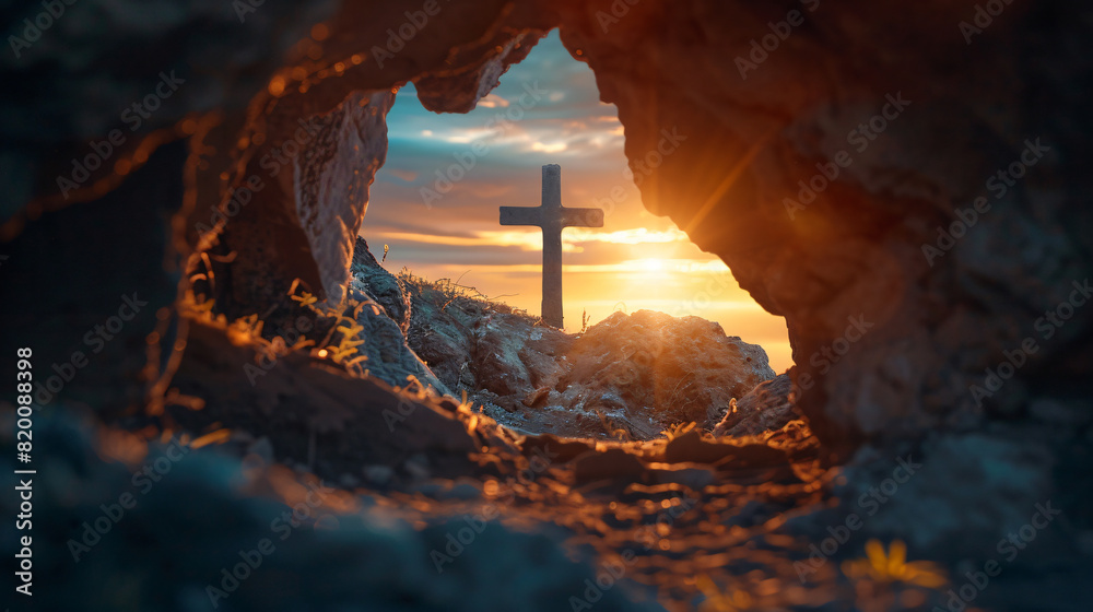 Christian cross made of rock standing in front of cave tomb with ...