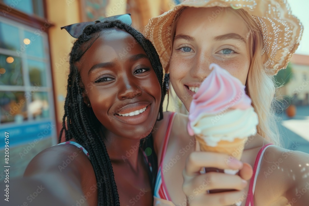 Happy with dessert and vacation, friends with ice cream, kiss and ...