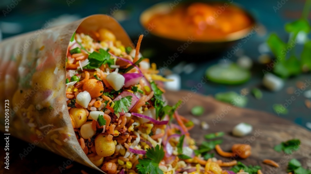 Exotic Indian street food dish, bhel puri, served in a paper cone with ...