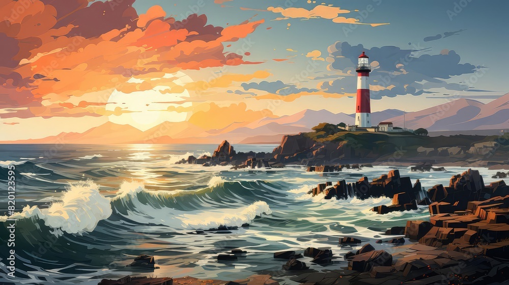 Cliff Coastline with lighthouse flat design side view stormy seascape ...