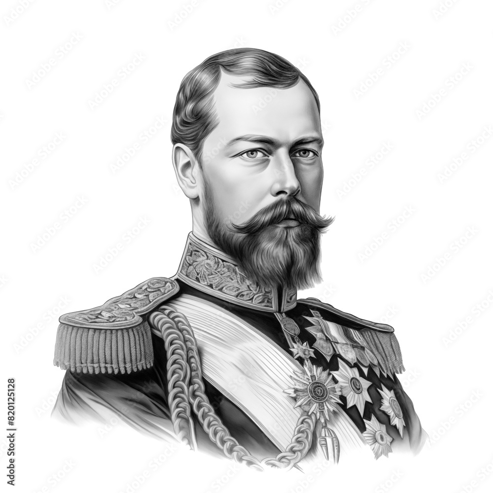 Black and white vintage engraving, close-up headshot portrait of Tsar Nicholas II (Nikolai ...