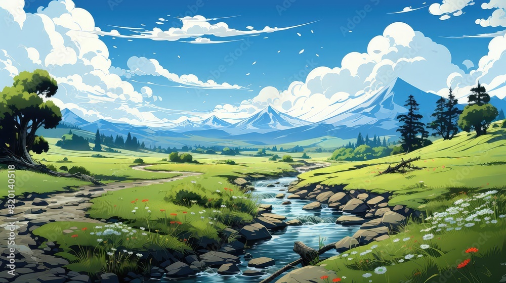 River Valley with wildlife flat design front view nature preserve theme ...