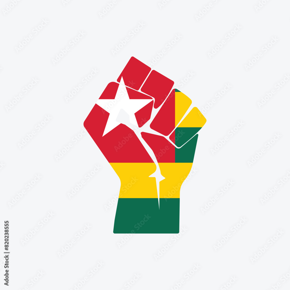 Flag of Togo in the shape of raised hand sign isolated on background ...