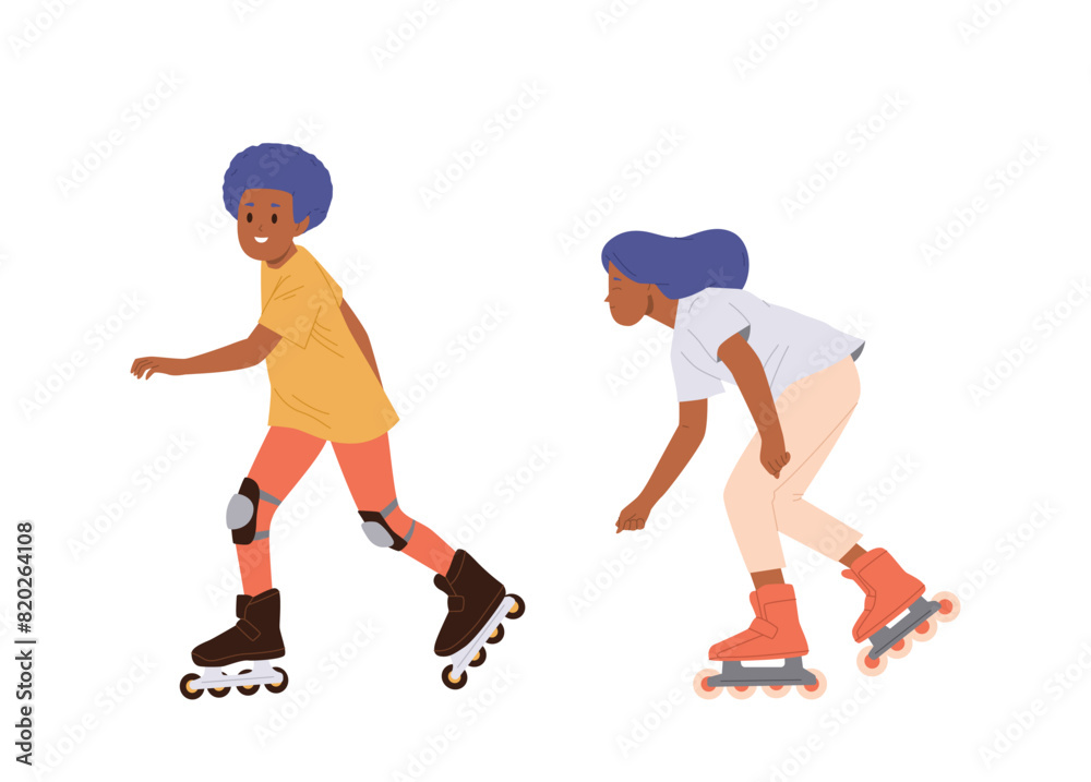 Happy preteen children cartoon boy and girl characters riding rollers ...