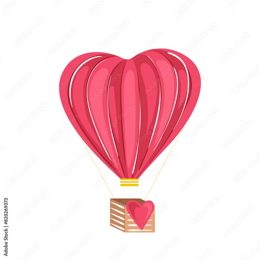 Cute romantic hot air balloon in shape of heart with wicker basket ...