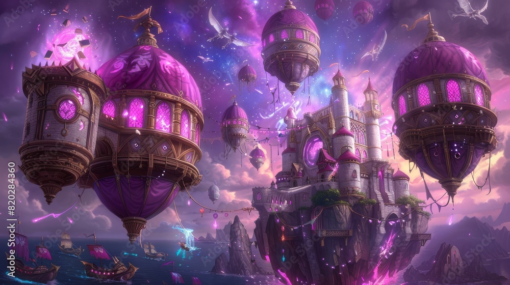 Enchanting Fantasy Landscape with Floating Purple Castles and Etheric ...