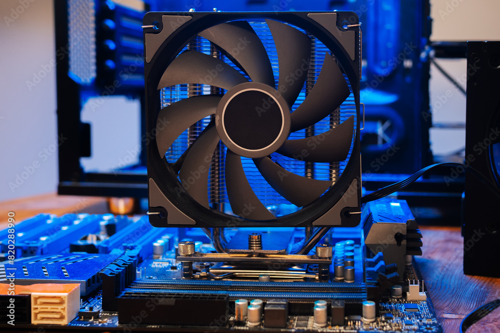 Modern computer parts with PC case on background. Building personal ...