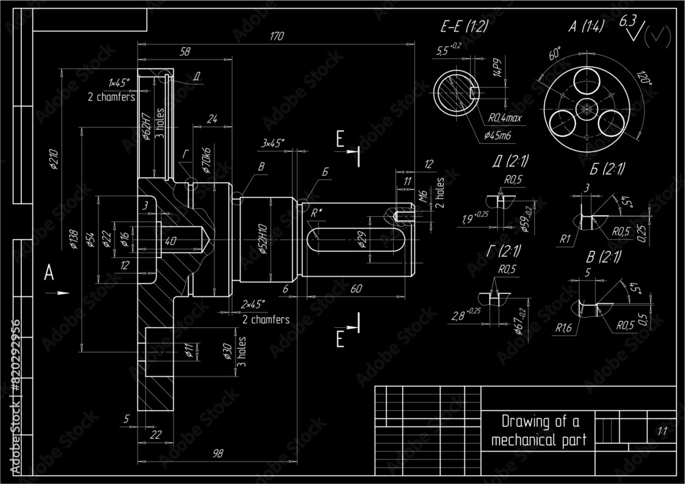 Assembly drawing of steel part with through holes. Vector cad scheme of ...