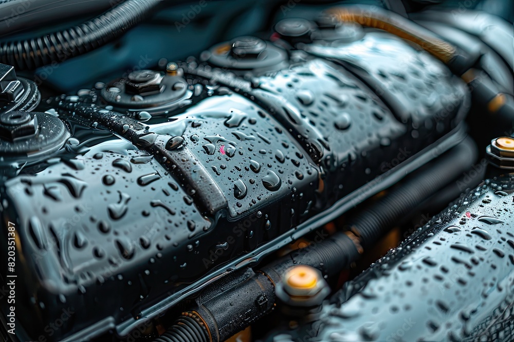 The engine of a car is covered in raindrops. The water droplets are ...