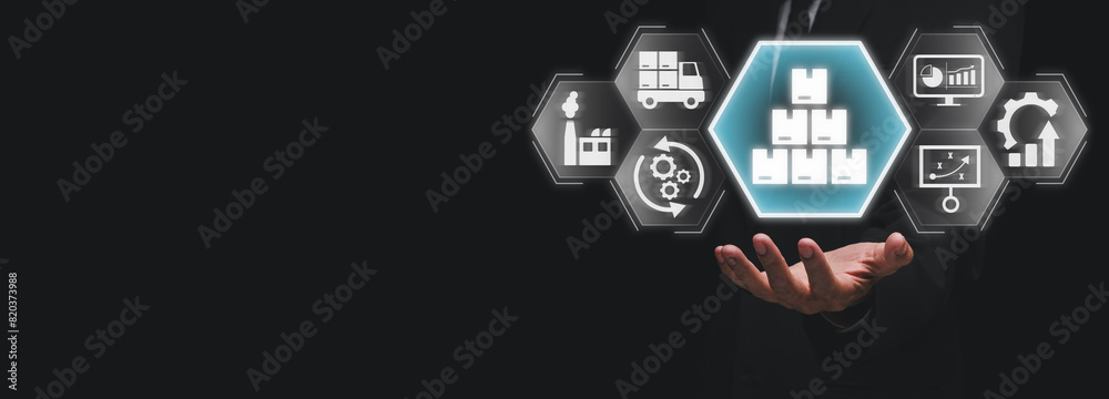 Product lifecycle management concept, Businessman hand holding product ...