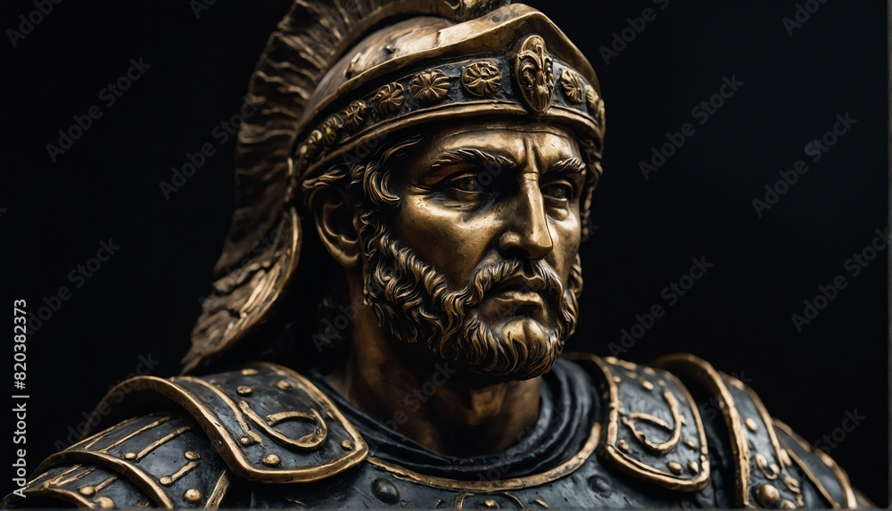 roman warrior statue close up portrait on plain black background from ...