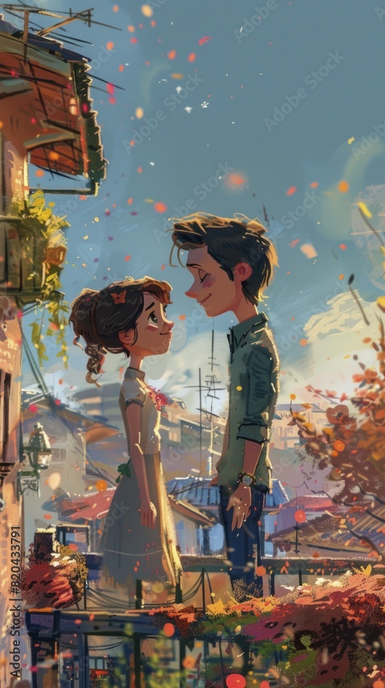 Illustrate a whimsical love story in a side view perspective, using ...