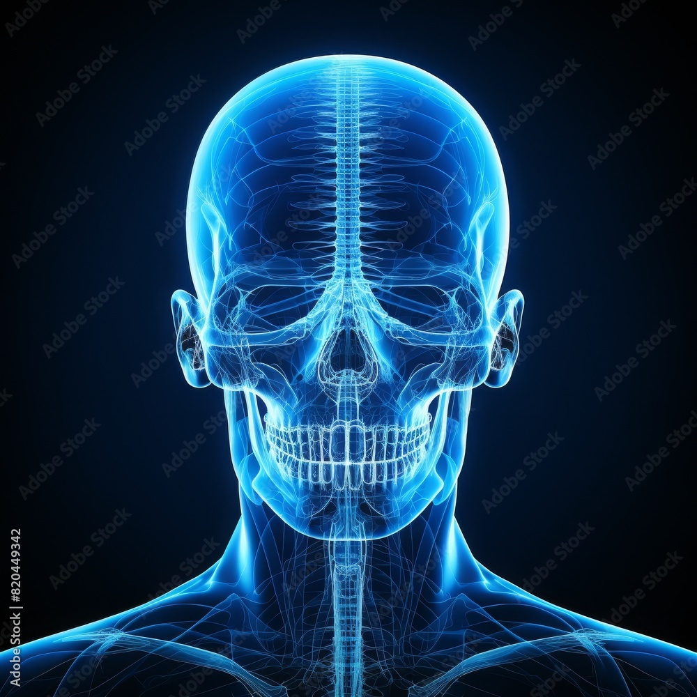 High resolution 3D rendered X-ray photo of a human skull and neck ...