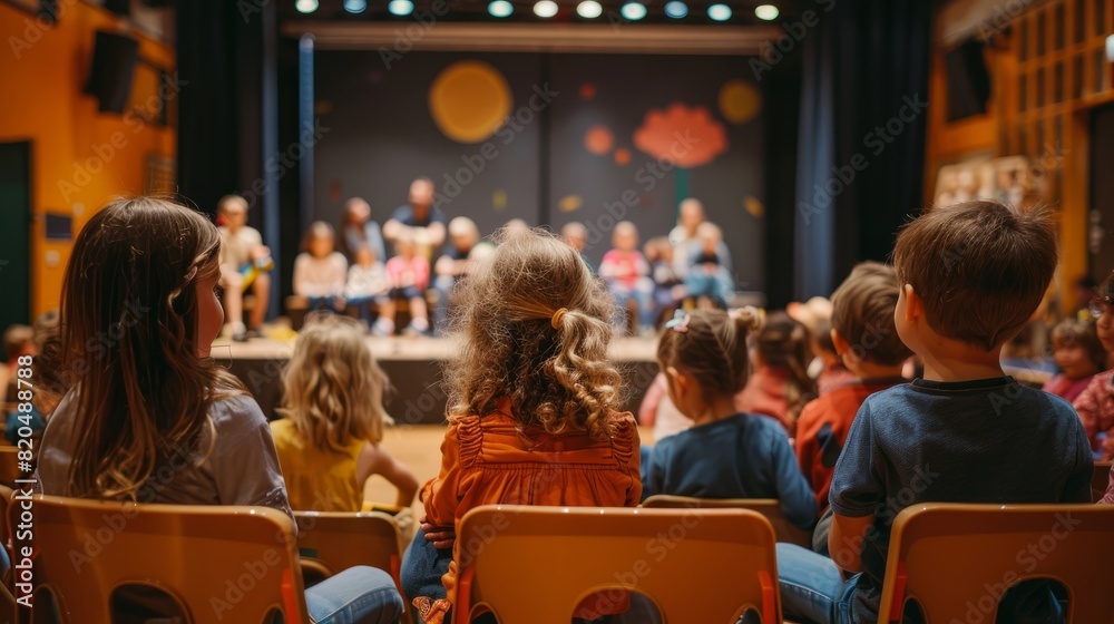 Children sitting in an audience, enjoying a colorful stage performance ...