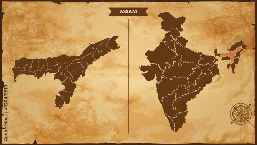 Assam state map, India map with federal states in A vintage map based ...