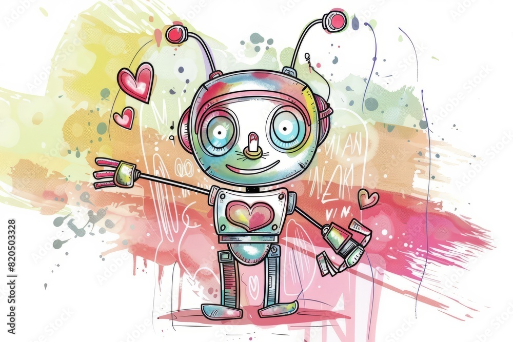 Cartoon cute doodles of a friendly space robot with telescopic arms and ...