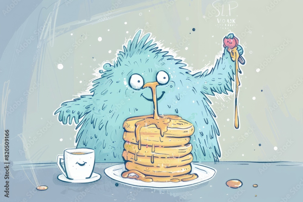 Cartoon cute doodles of a cuddly monster enjoying a stack of fluffy ...