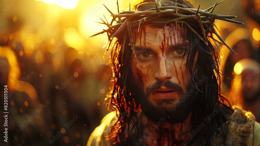 Foto de Stock front wide view of Jesus Christ with crown of thorns ...