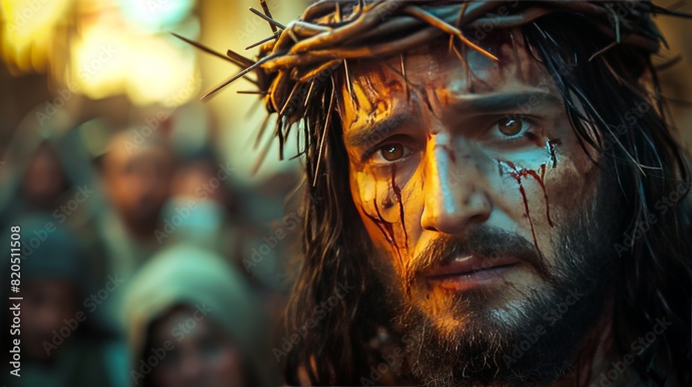 Foto de Stock front wide view of Jesus Christ with crown of thorns ...