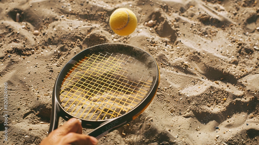 Beach tennis racket and ball Man holding racket with sand and beach ...