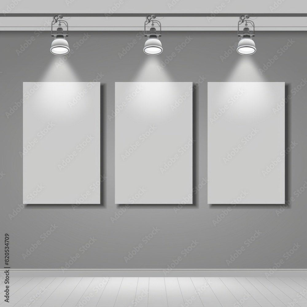 Three empty rectangular posters hang on the wall, illuminated by lamps ...